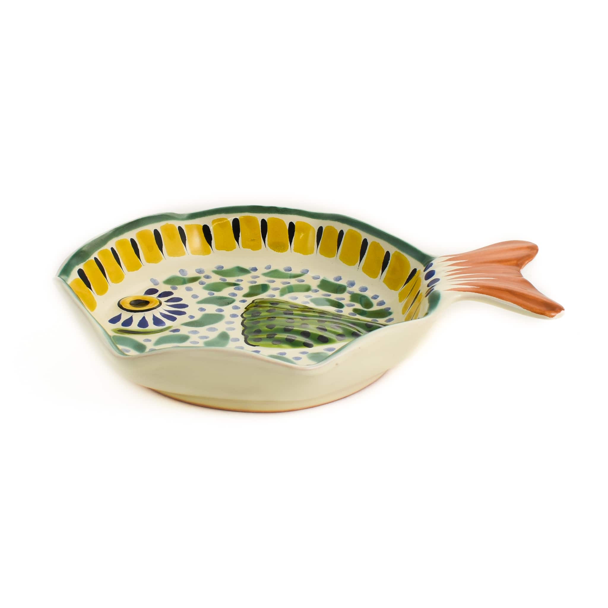 Mexican Hand Painted Green & Yellow Fish Dish, 14x19cm | Buy online UK ...
