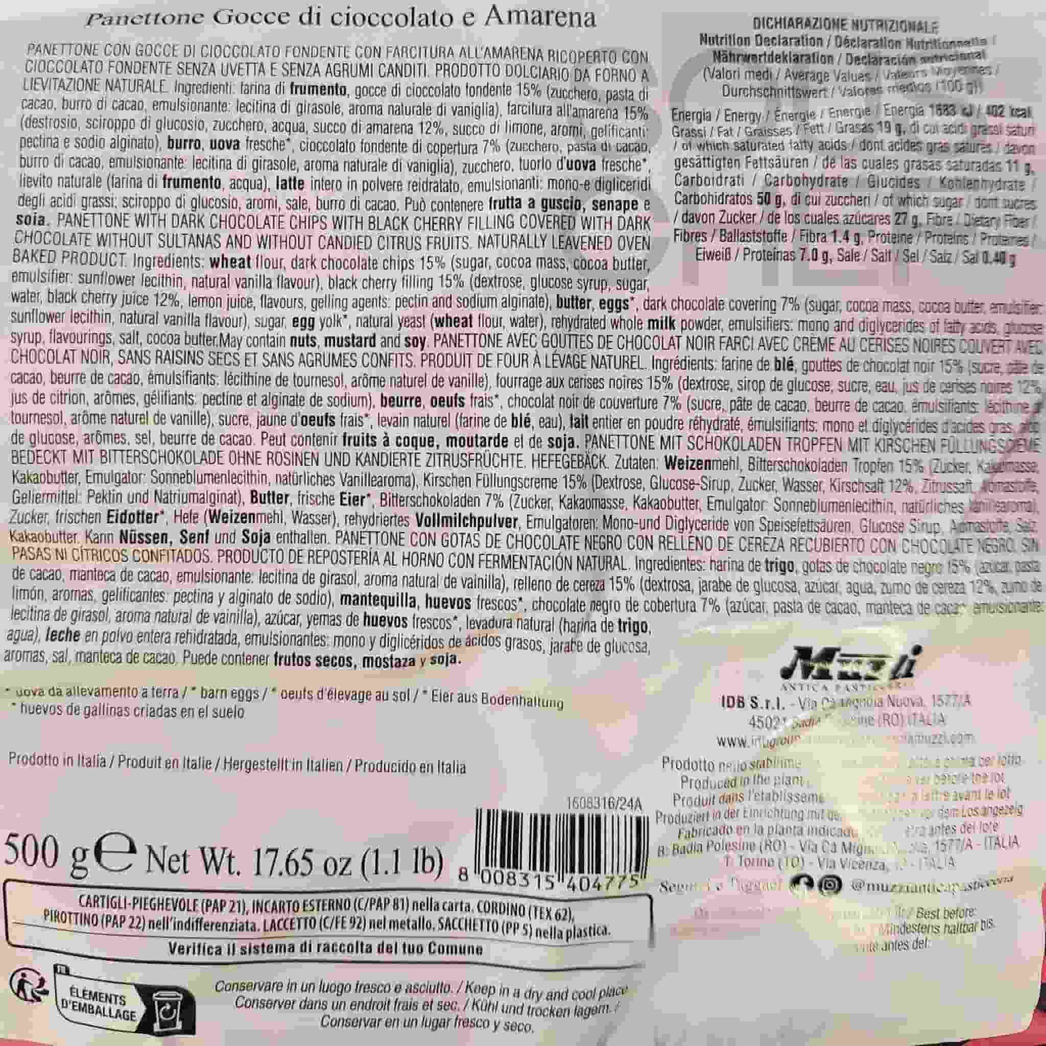 Muzzi Black Cherry & Chocolate Chip Panettone 500g | Sous Chef UK