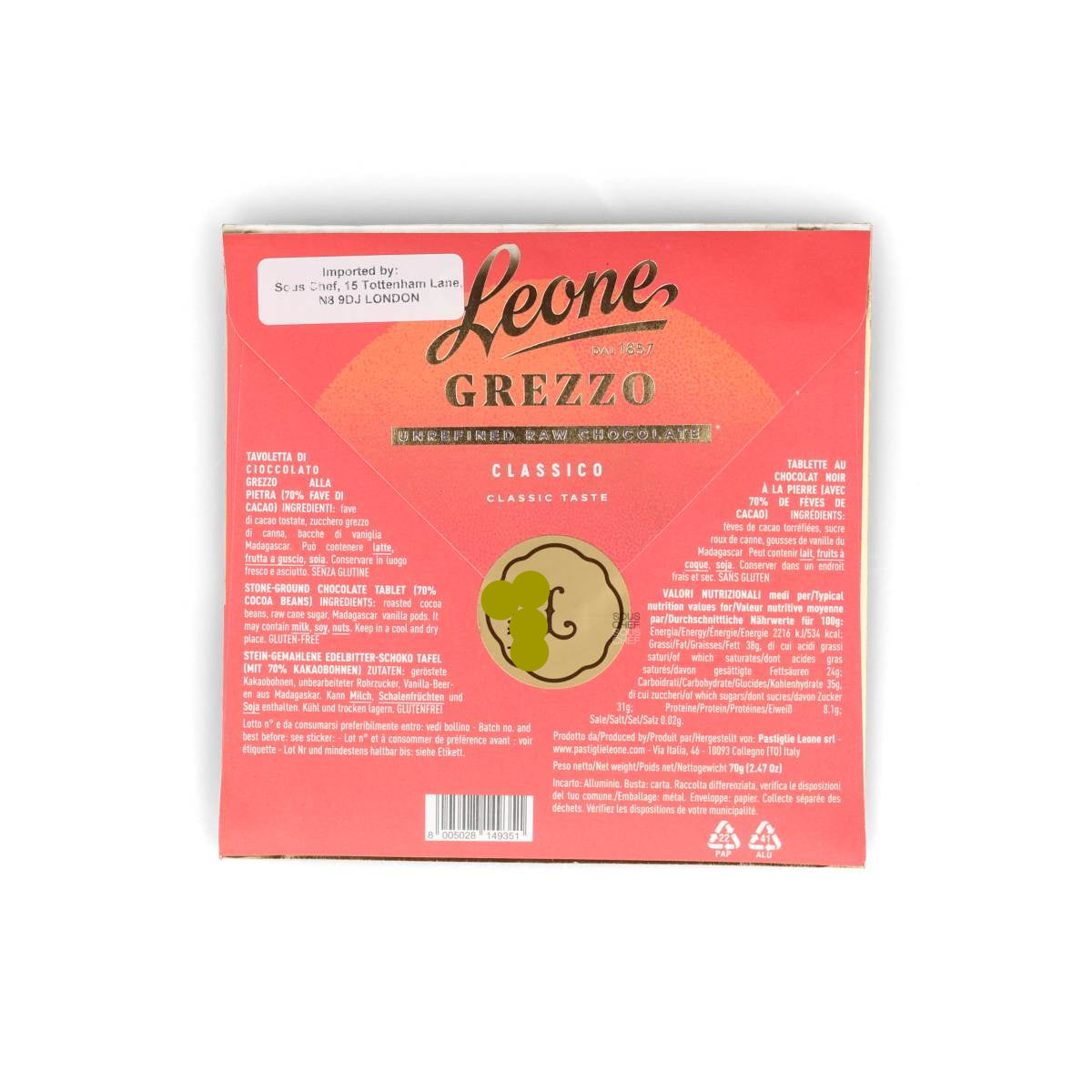 Leone Raw Unrefined 70% Dark Chocolate Bar, 70g | Buy online UK – Sous ...