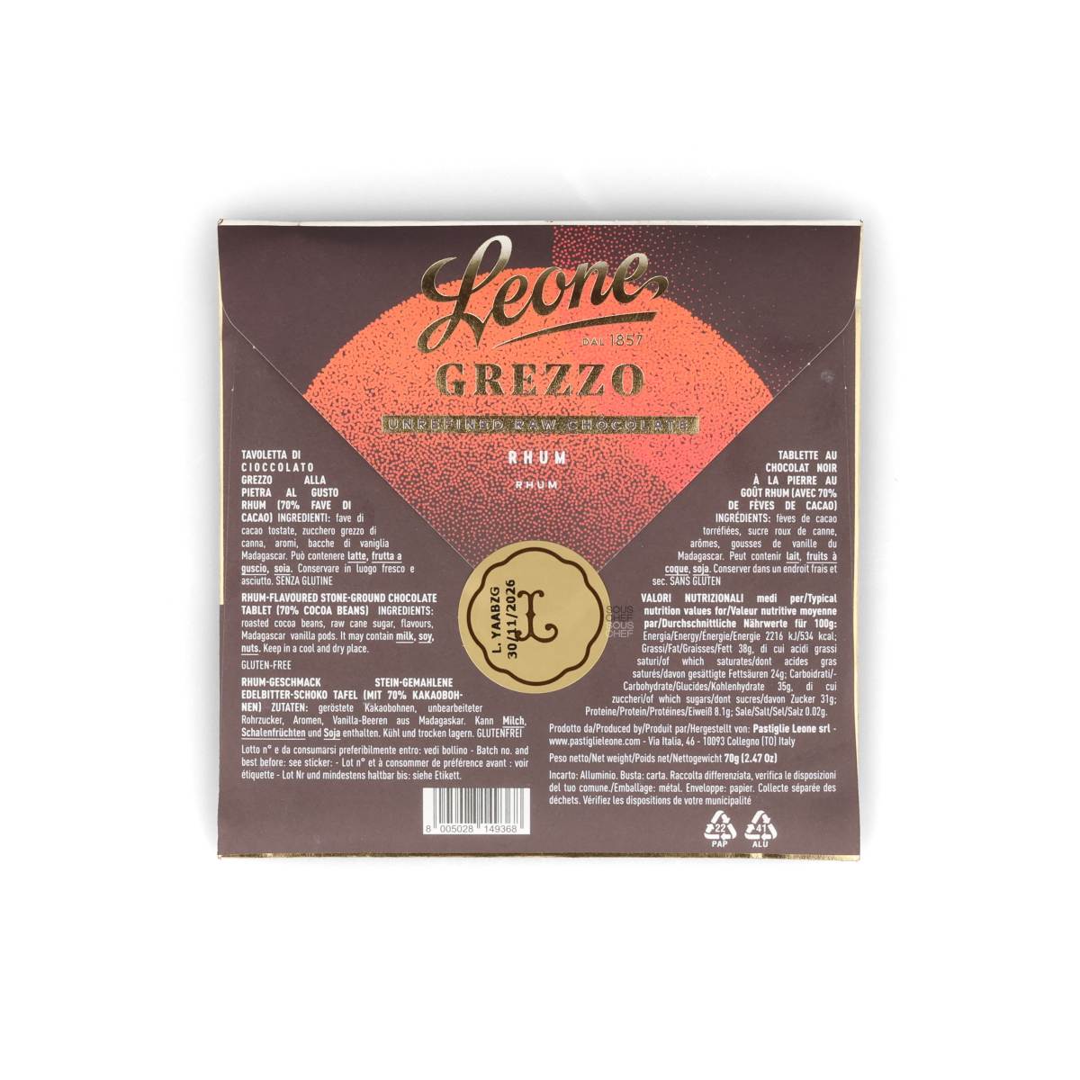 Leone Raw Unrefined 70% Rum Dark Chocolate Bar, 70g | Buy online UK ...