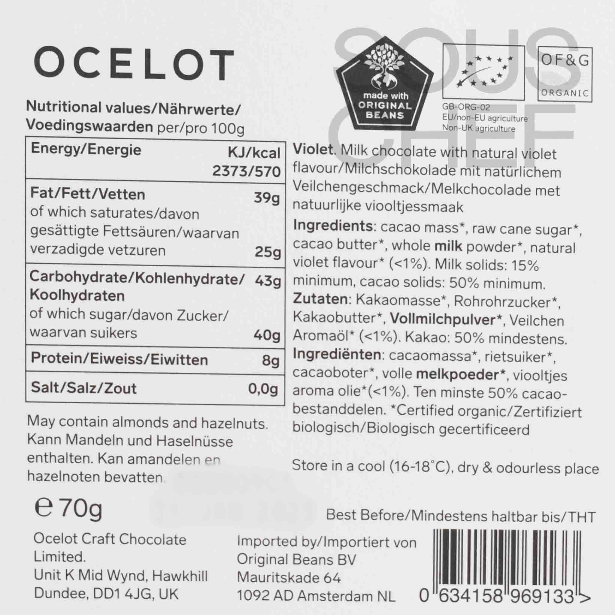 Ocelot Organic Milk Chocolate & Violet Chocolate Bar, 70g | Buy online ...