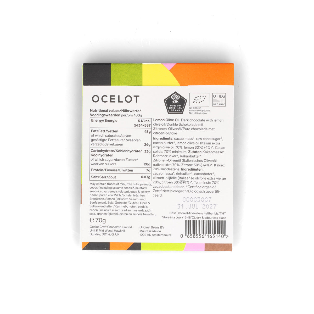 Ocelot Organic Dark Chocolate & Lemon Olive Oil Chocolate Bar, 70g ...
