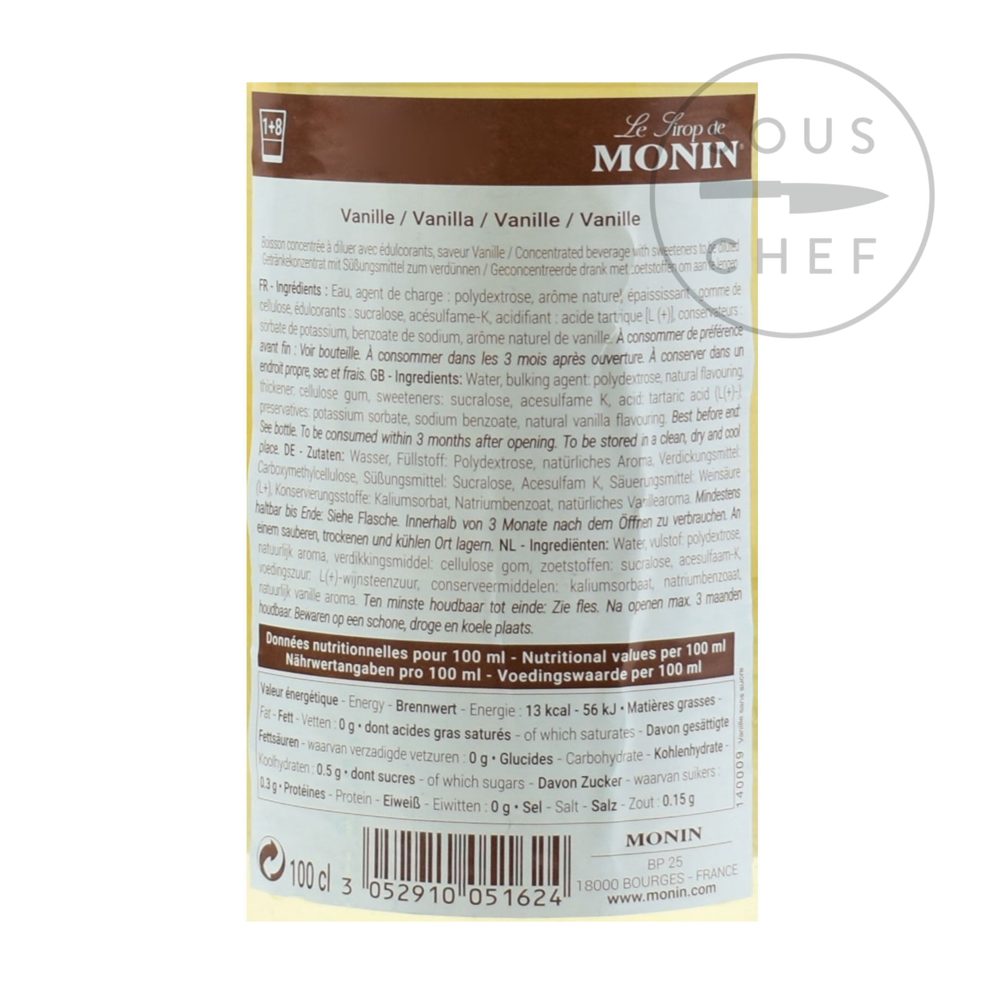 Monin Sugar Free Vanilla Syrup 1 litre | Buy Online | Sous Chef UK