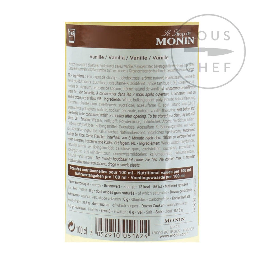 Monin Sugar Free Vanilla Syrup 1 litre | Buy Online | Sous Chef UK