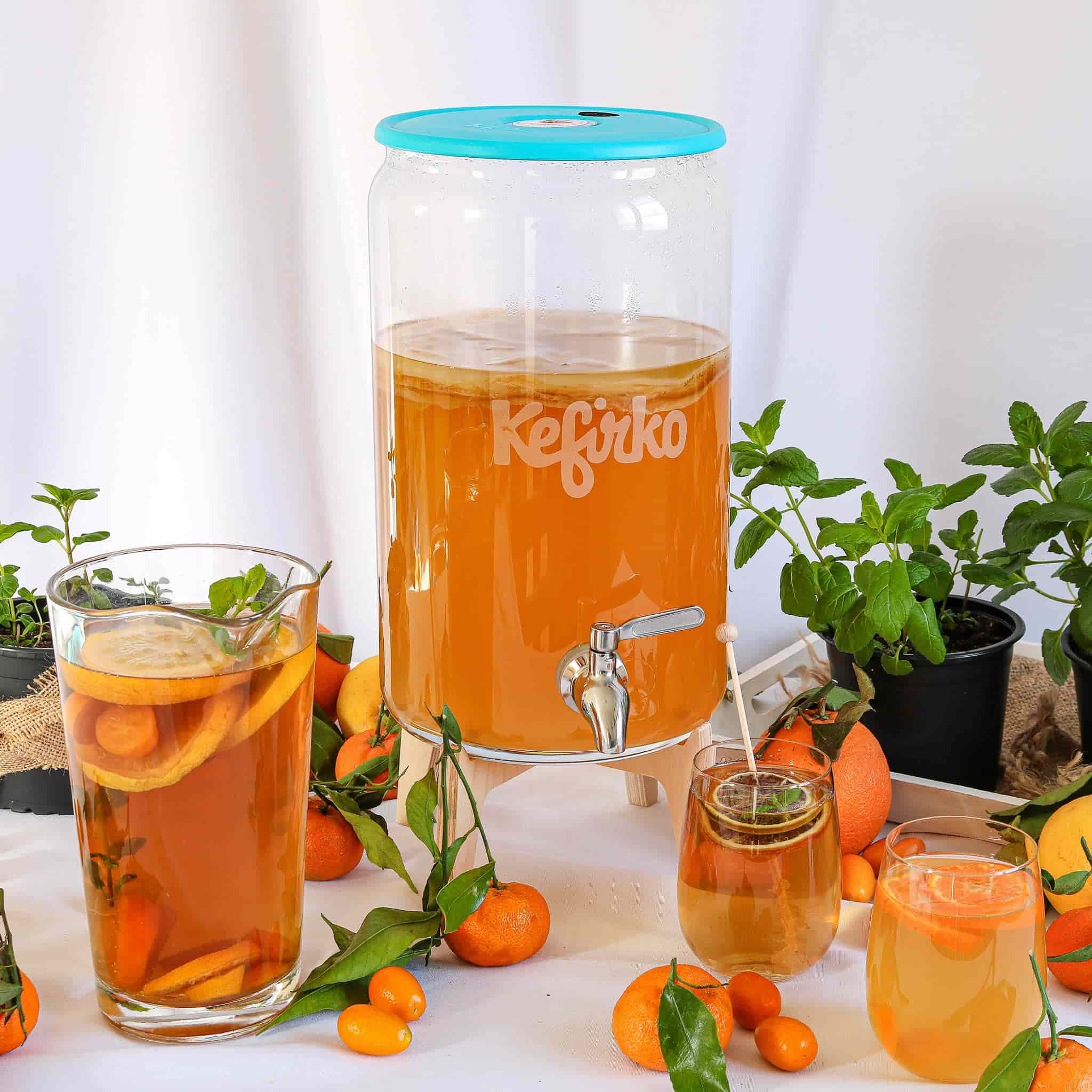 Kefirko Blue Kombucha Glass Fermenter with Spigot and Wooden Stand, 7L ...